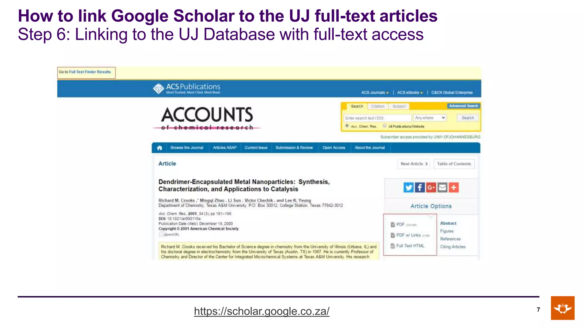 How to link Google Scholar to the UJ Full-Text Online Articles | PPTX