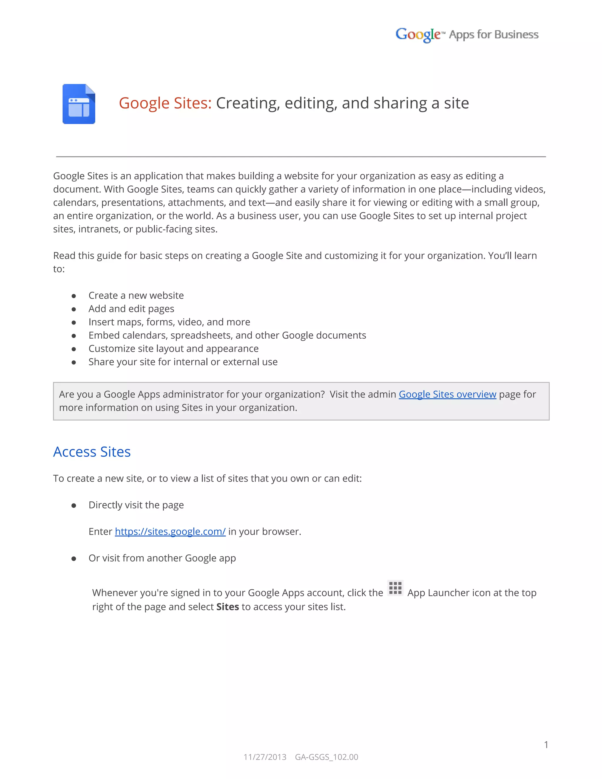 Google sites creating editing and sharing a site | PDF