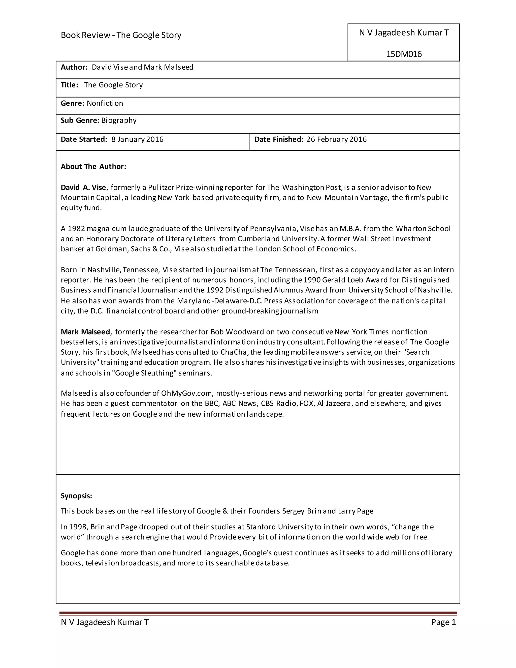 Google story book review jagadeesh | DOCX