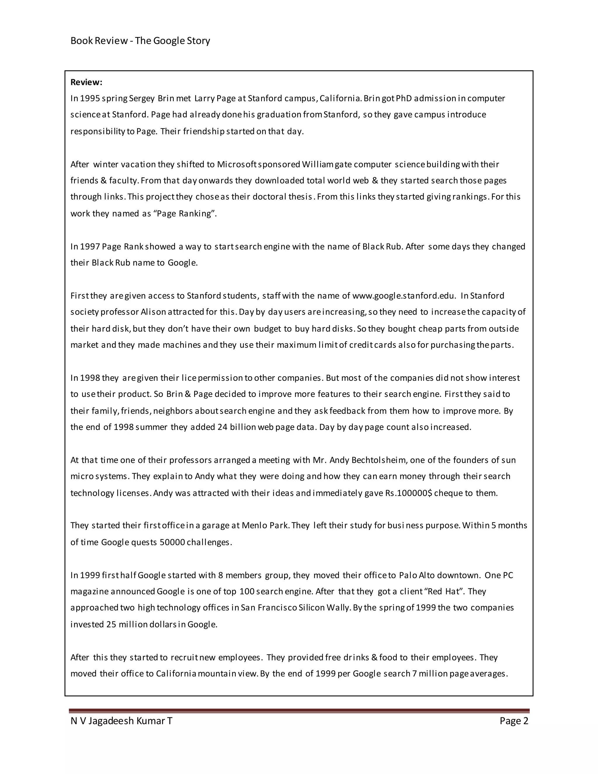 Google story book review jagadeesh | DOCX