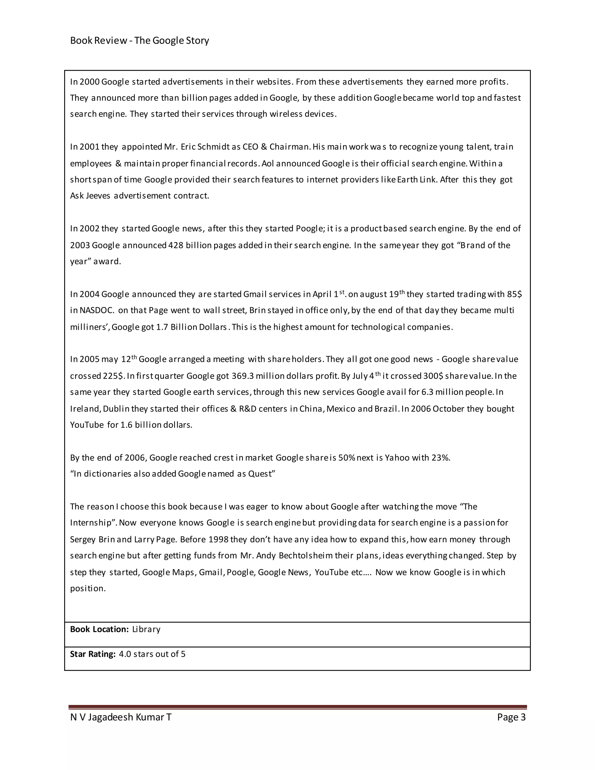 Google story book review jagadeesh | PDF