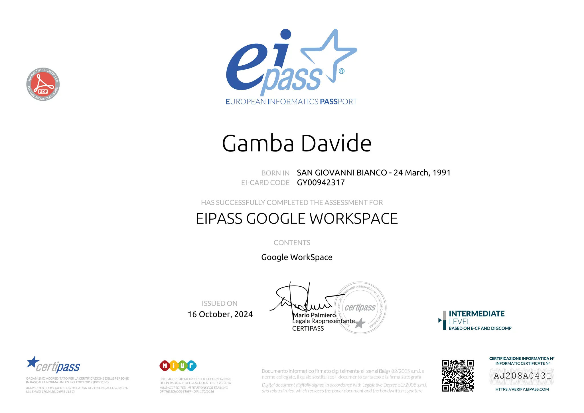 Certificato EiPass Google Workspace - 20 ore | PDF