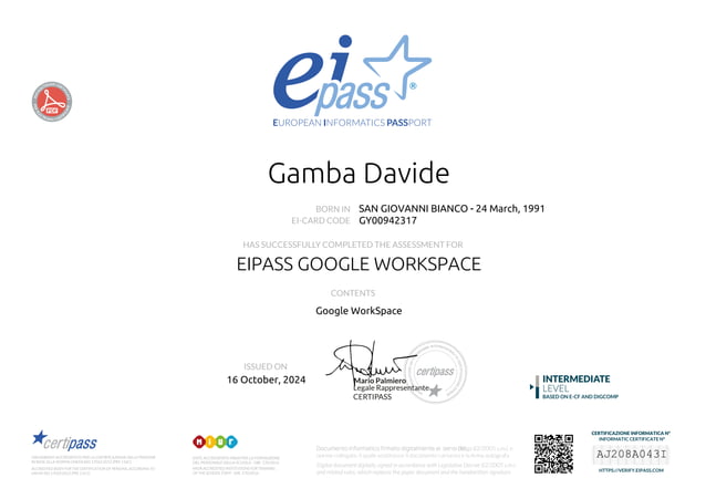 Certificato EiPass Google Workspace - 20 ore | PDF