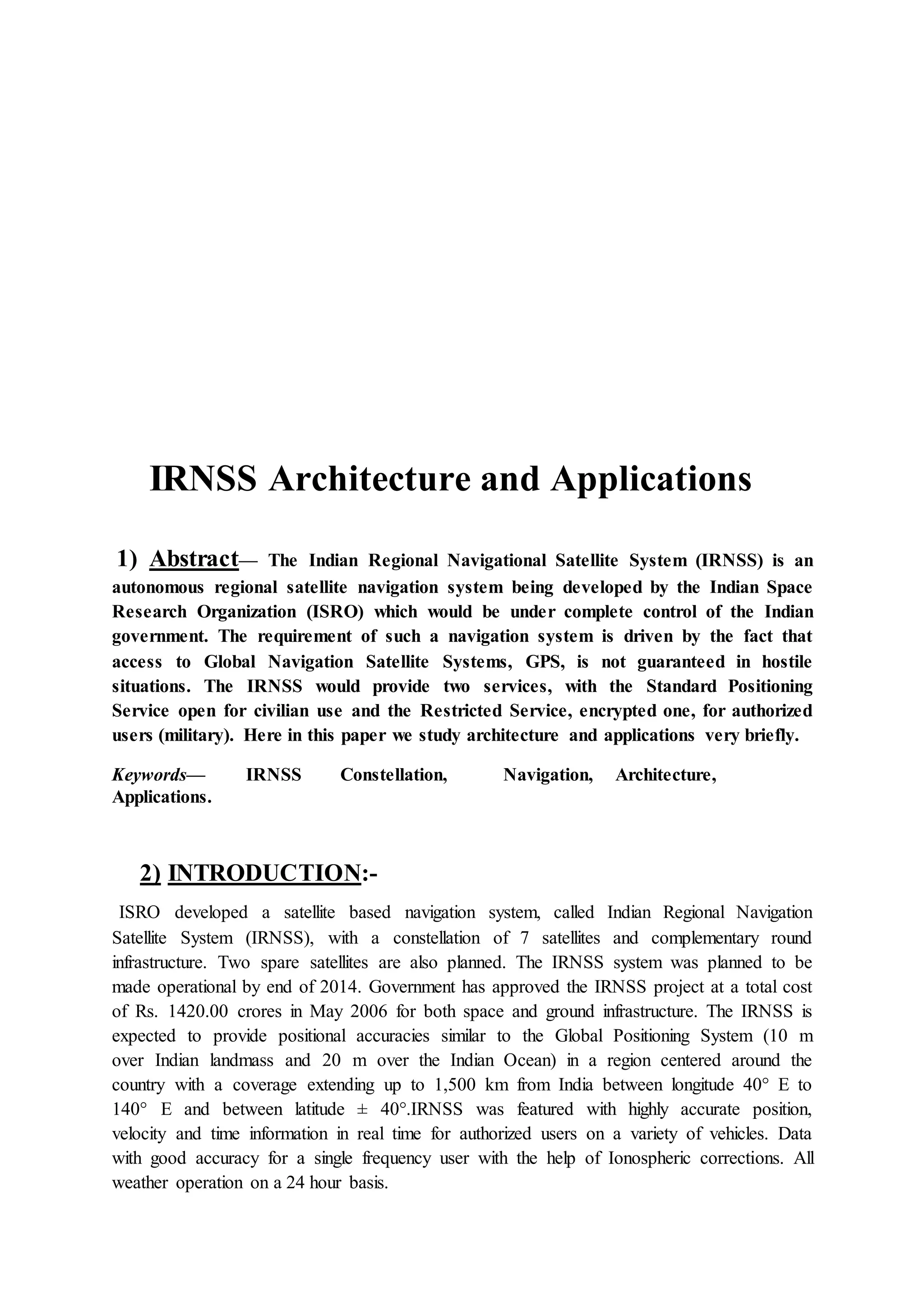 Abstract IRNSS Architecture and Applications | DOCX