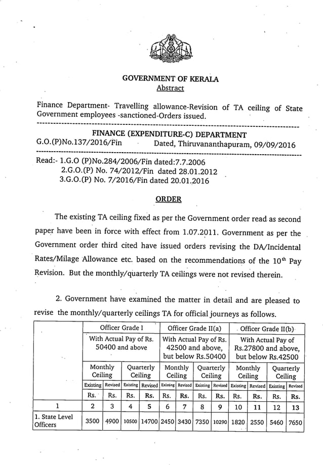 Kerala government employees-TA ceiling-Go(p) no 137 2016-fin dated 09 ...