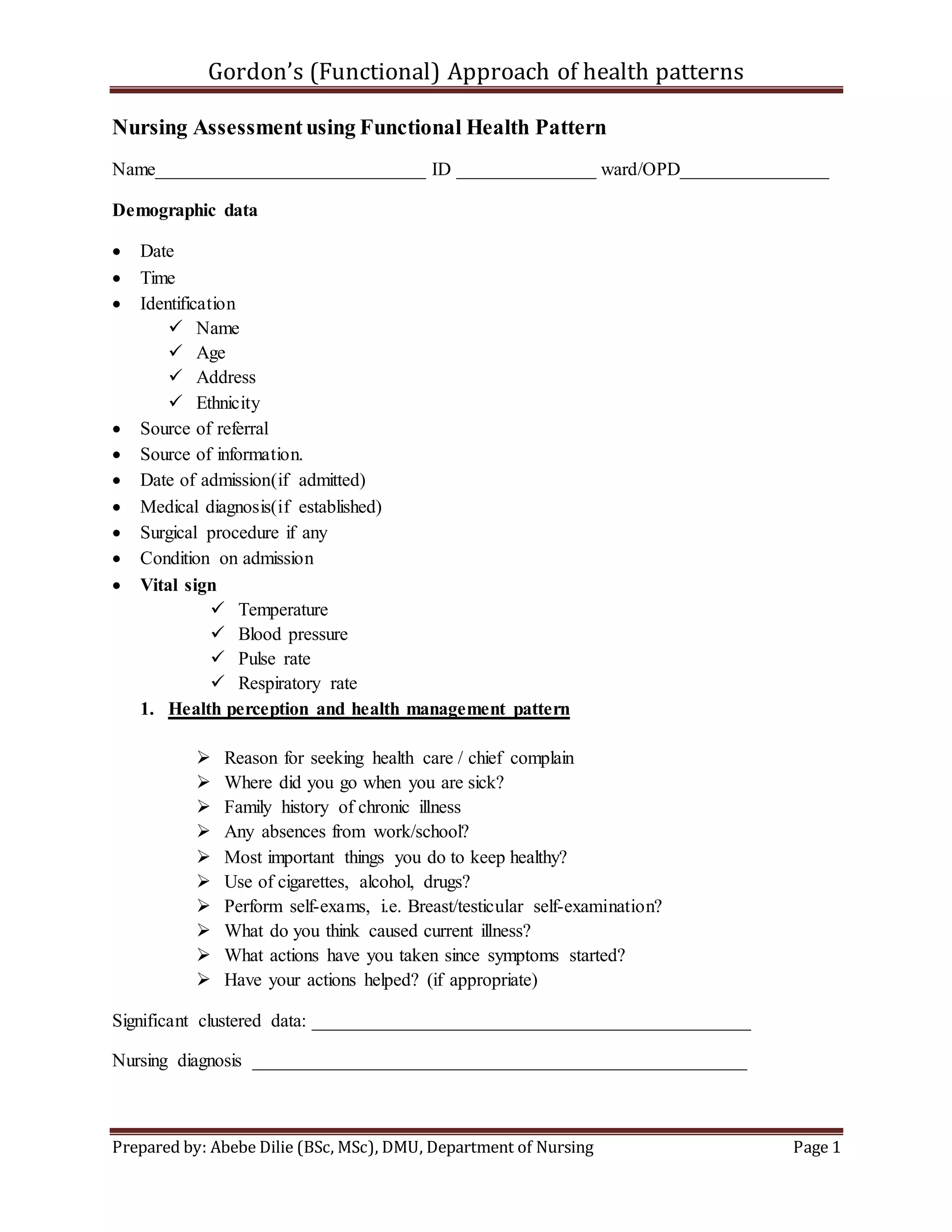 Gordon's (functional ) approach guide for nurses | DOCX