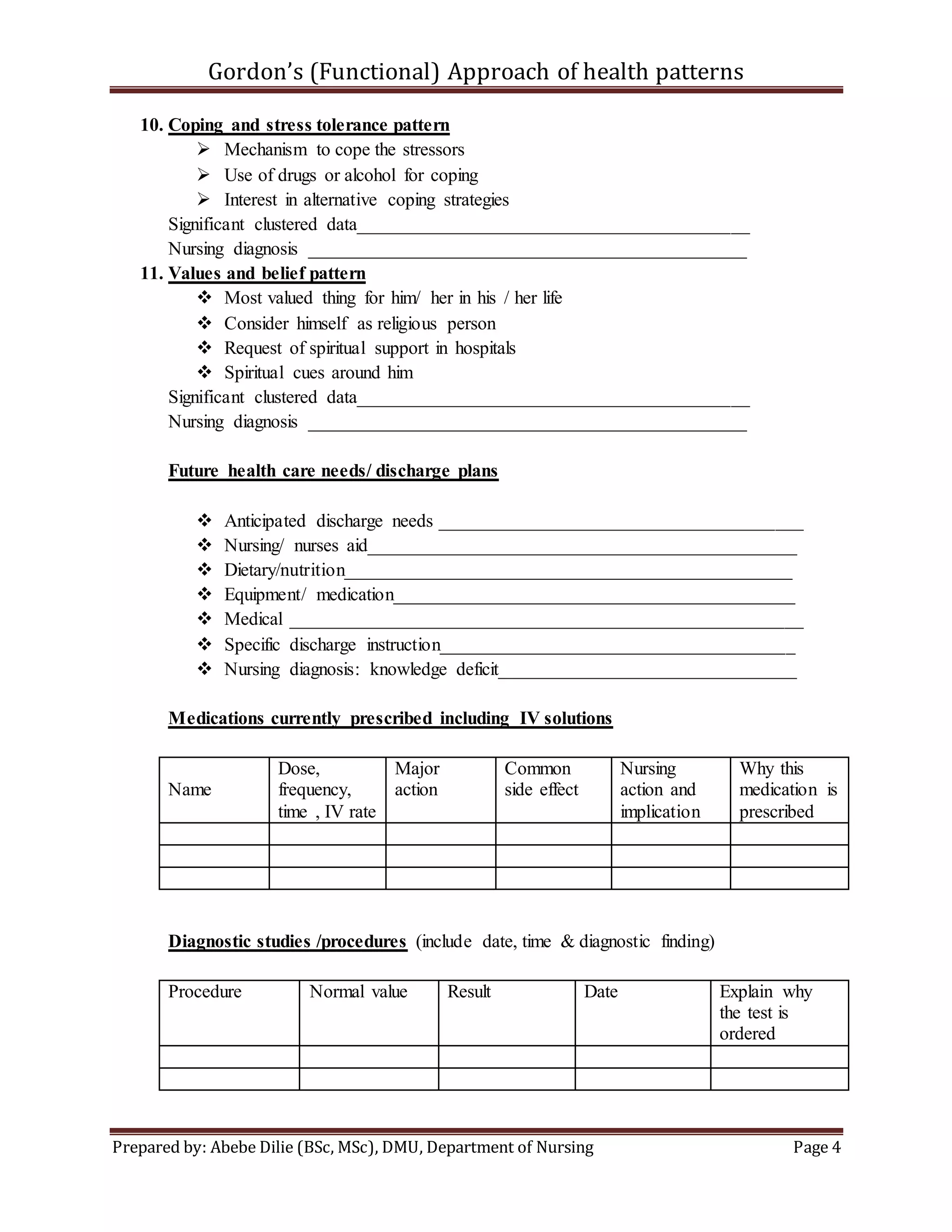 Gordon's (functional ) approach guide for nurses | DOCX