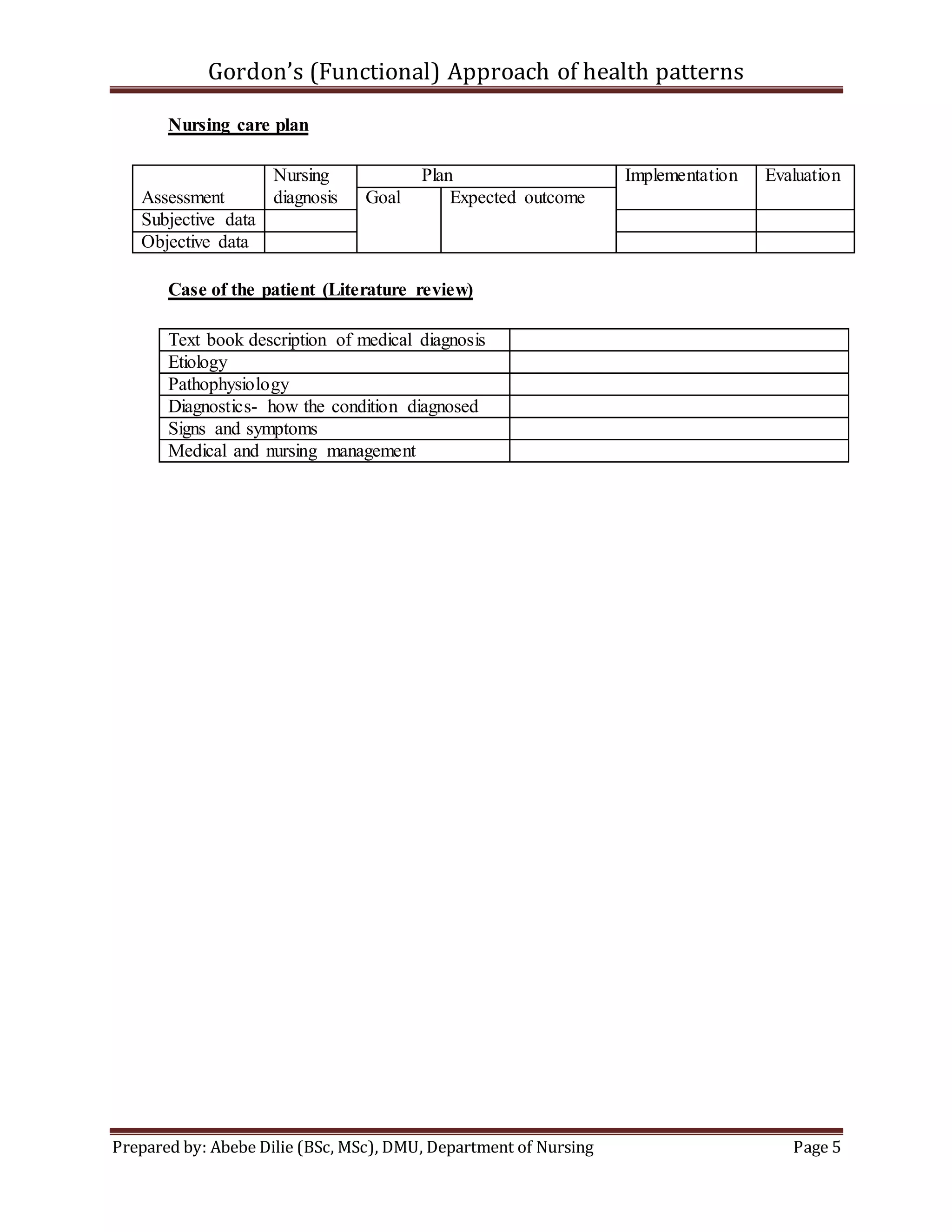 Gordon's (functional ) approach guide for nurses | DOCX