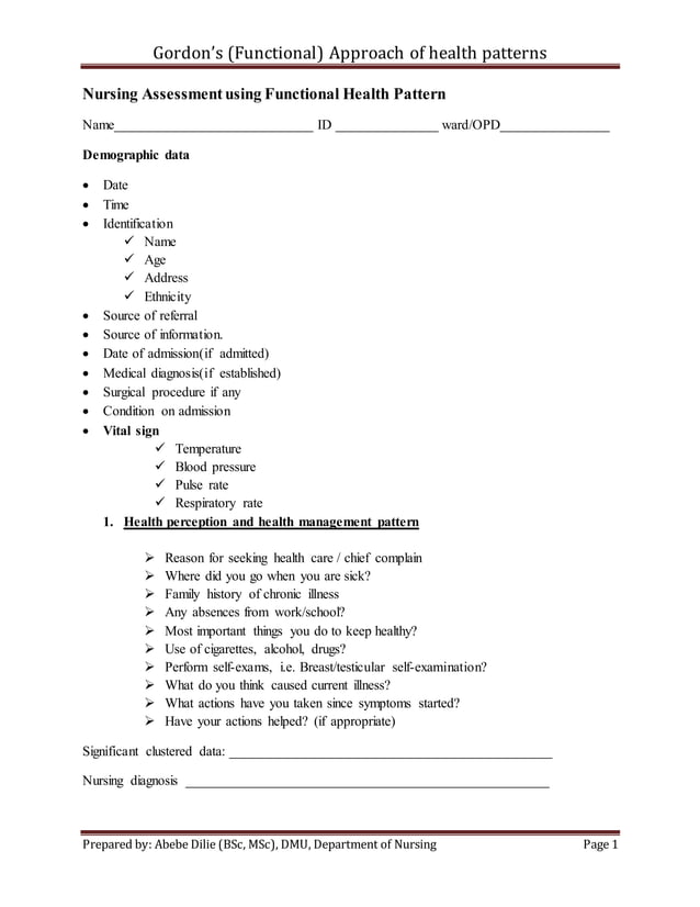 Gordon's (functional ) approach guide for nurses | DOCX