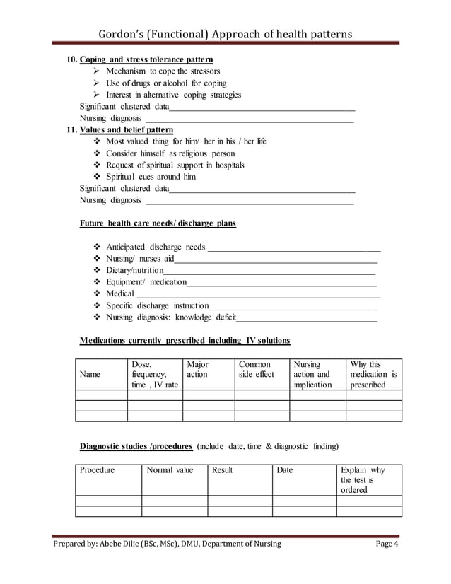 Gordon's (functional ) approach guide for nurses | DOCX