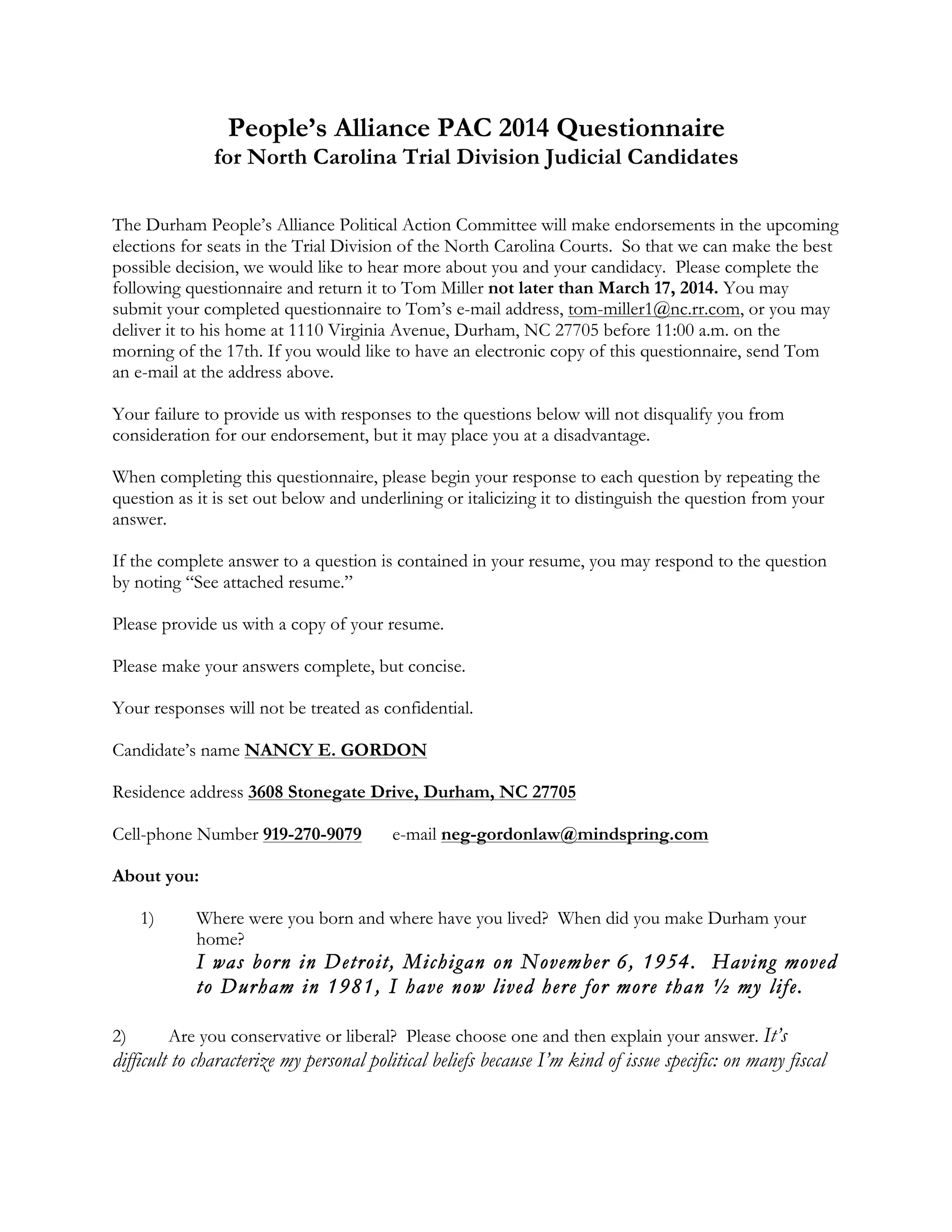 Nancy Gordon 2014 PA-PAC Questionnaire | PDF