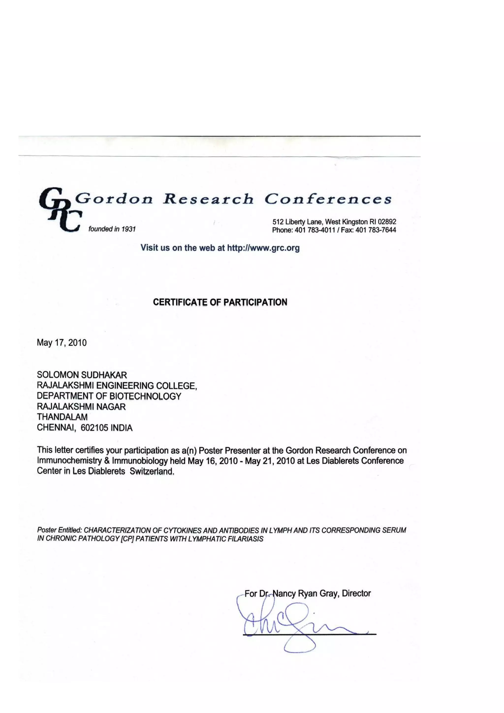 Gordon Research Conference Certificate | DOC
