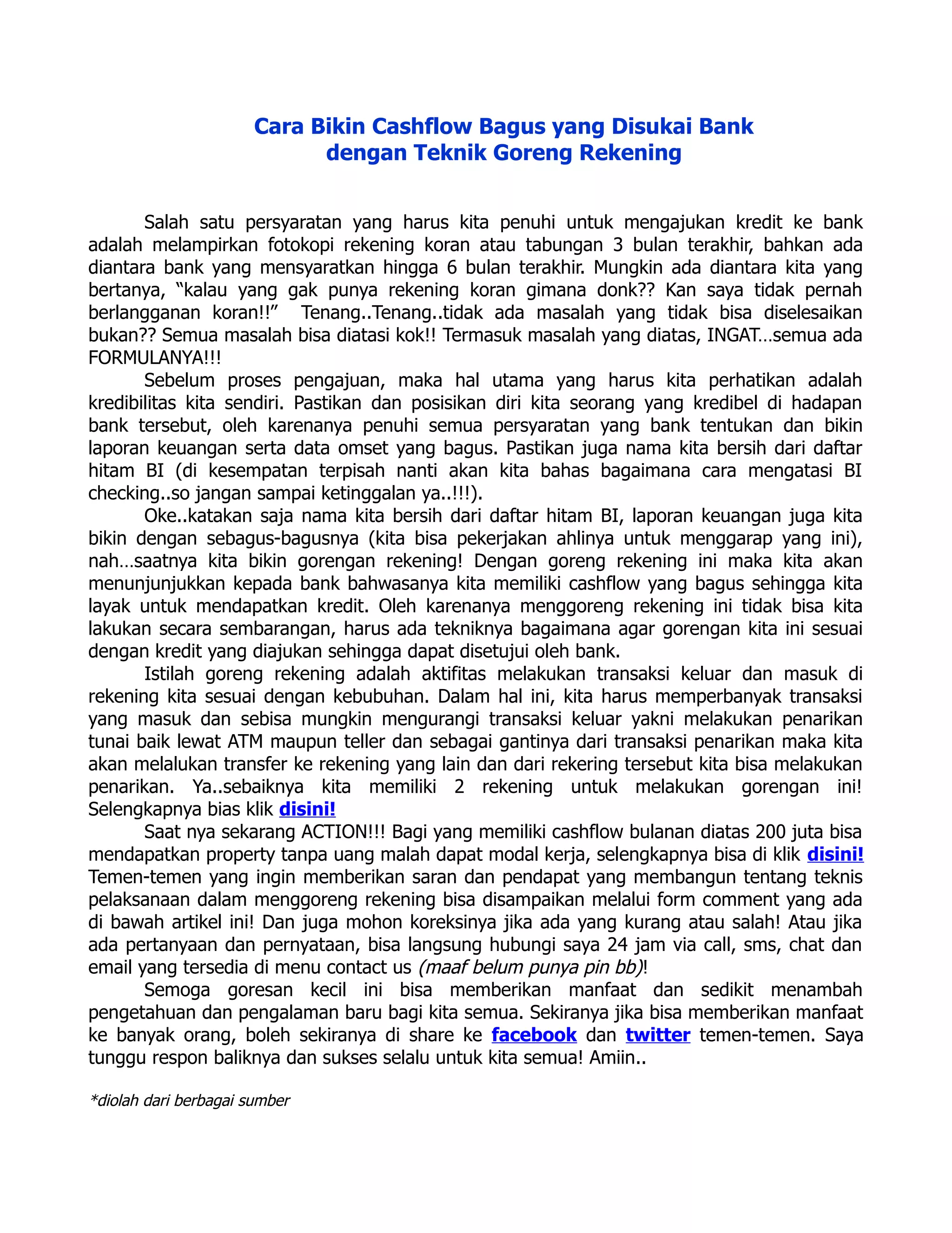 Cara Bikin Cashflow Bagus yang Disukai Bank dengan Teknik Goreng Rekening | PDF