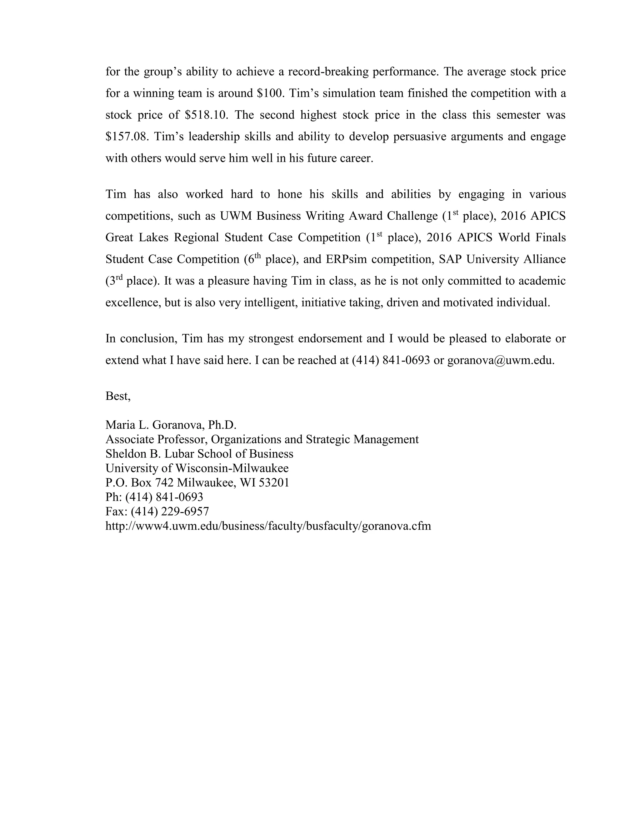 UWM Management Analysis (capstone course) Professor Goronova letter of ...