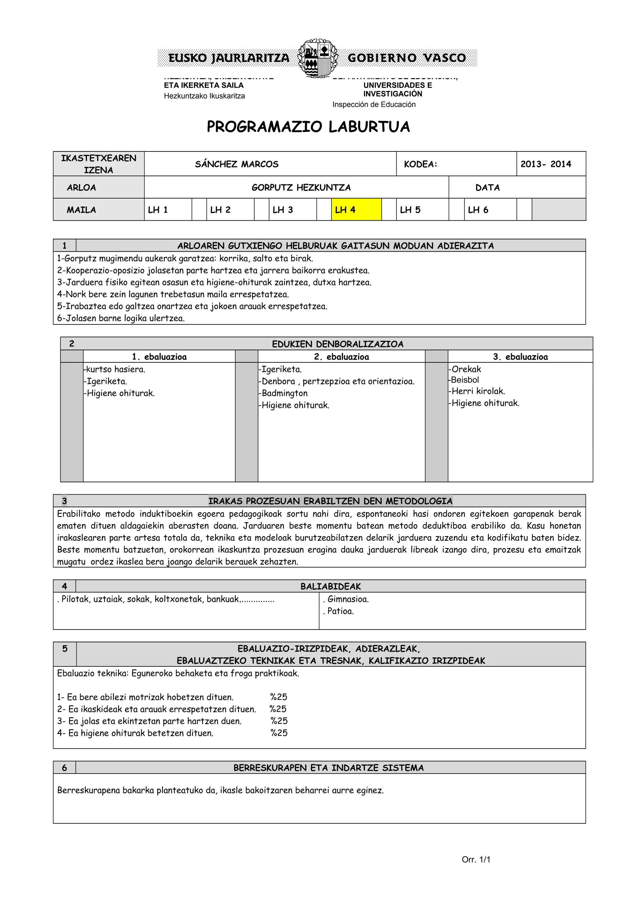 Gorputz hezkuntza 4.mailarako programazioa | PDF