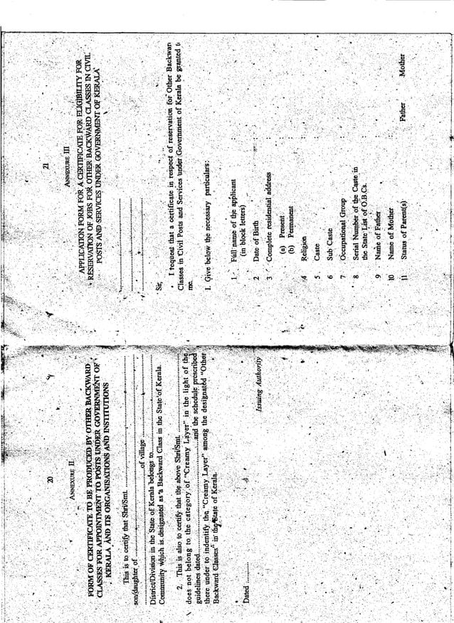 Non creamy layer certificate for KERALA OBC- criteria for the issue. | PDF