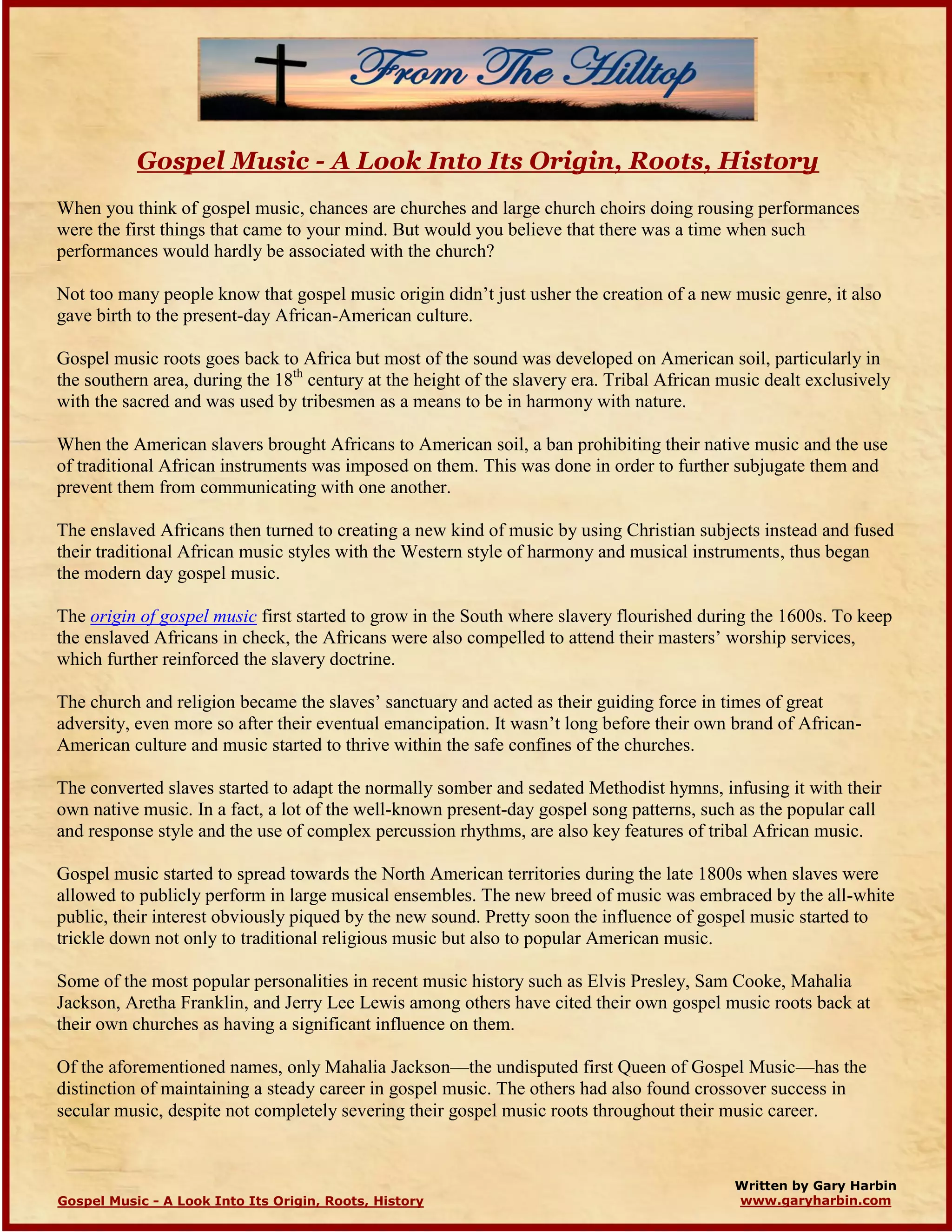 Gospel Music - A Look Into Its Origin, Roots, History | PDF