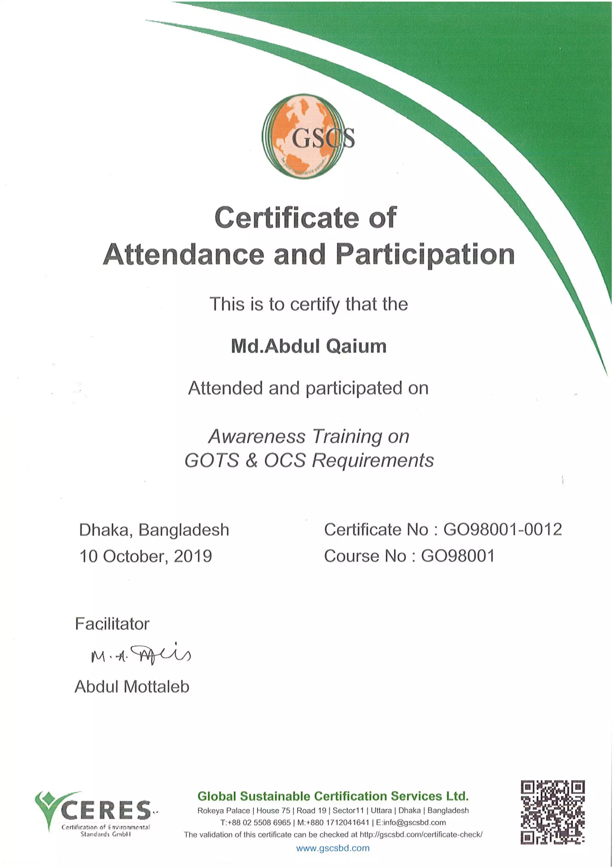 GOTS-OCS Awareness Certificate-GSCS | PDF