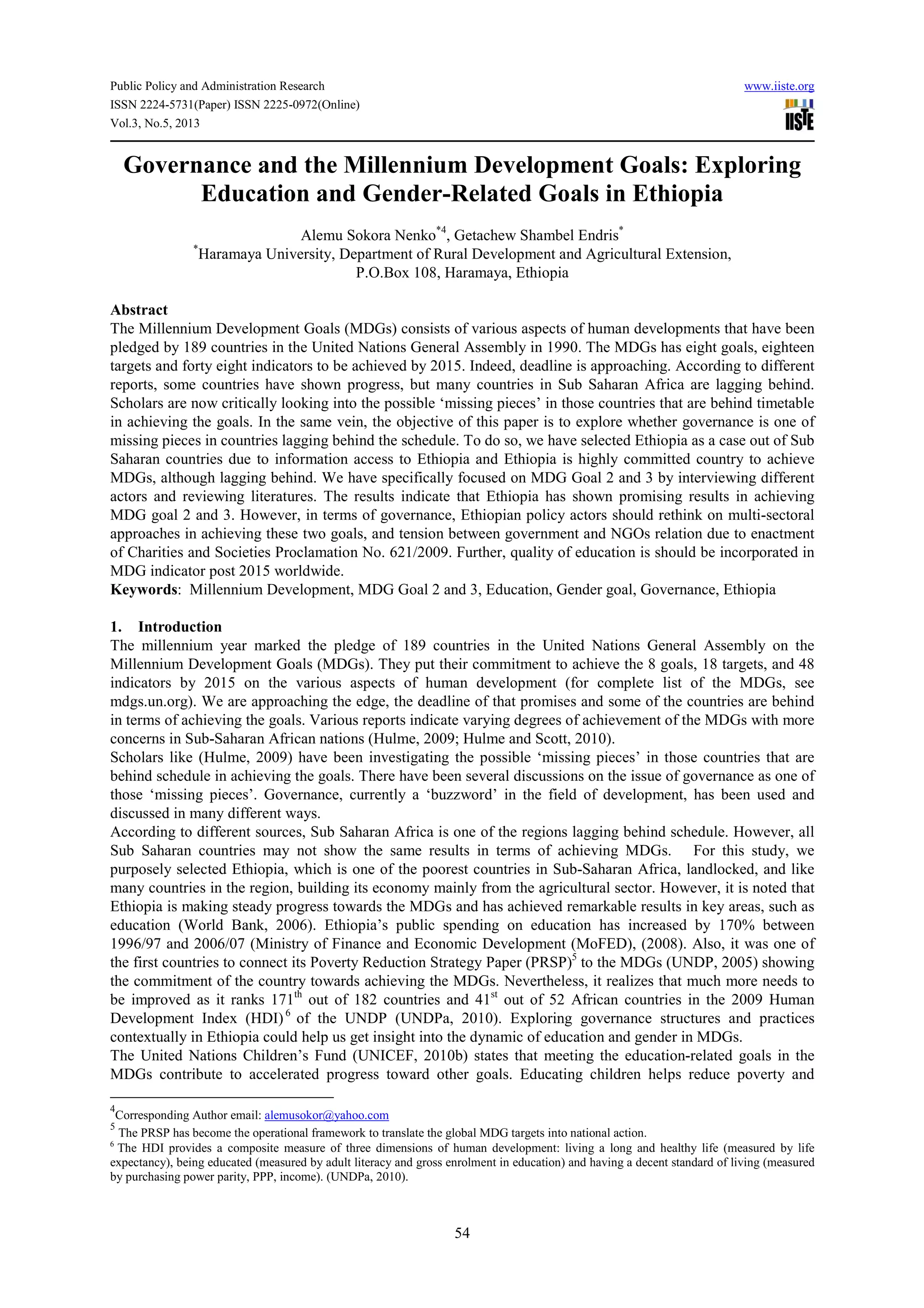 Governance and the millennium development goals exploring education and ...