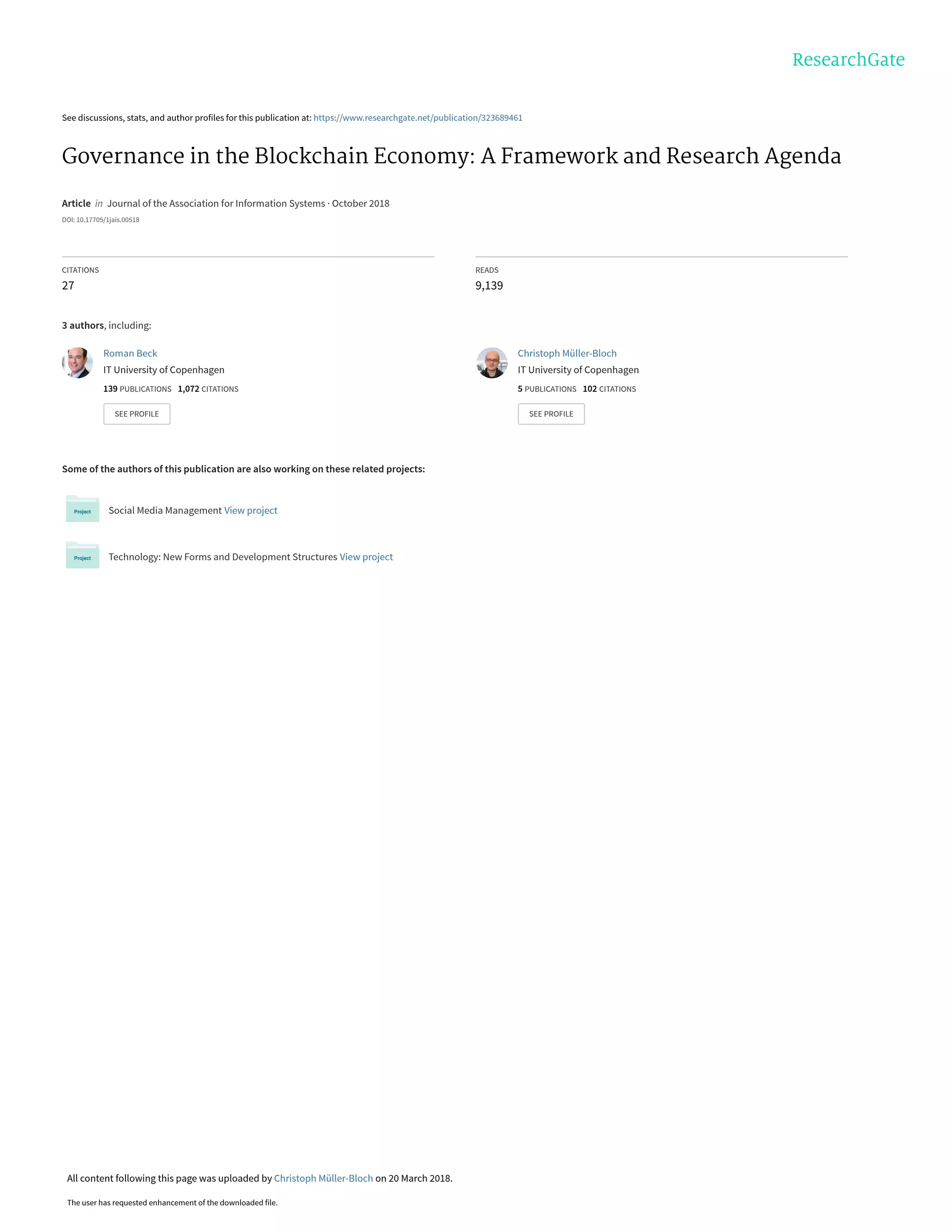Governance in the Blockchain Economy: A Framework and Research Agenda ...