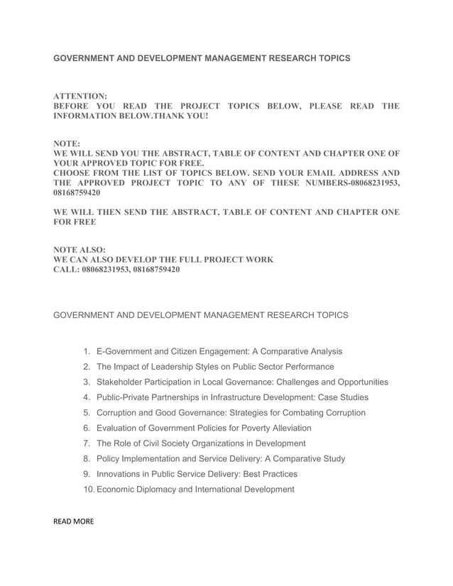 GOVERNMENT AND DEVELOPMENT MANAGEMENT RESEARCH TOPICS.docx