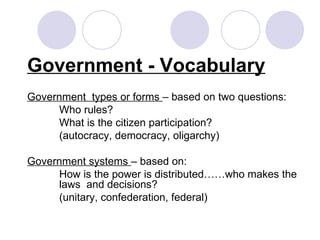 Government - Vocabulary words . | PPT