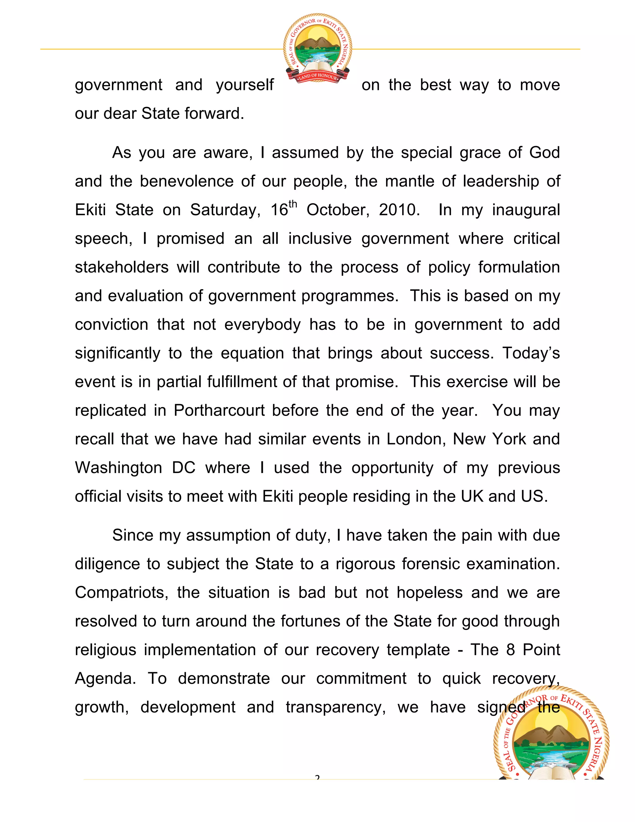 Governor fayemi's speech at the stakeholder’s meeting | PDF