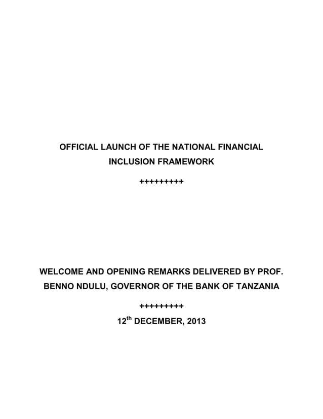 OFFICIAL LAUNCH OF THE NATIONAL FINANCIAL INCLUSION FRAMEWORK | PDF