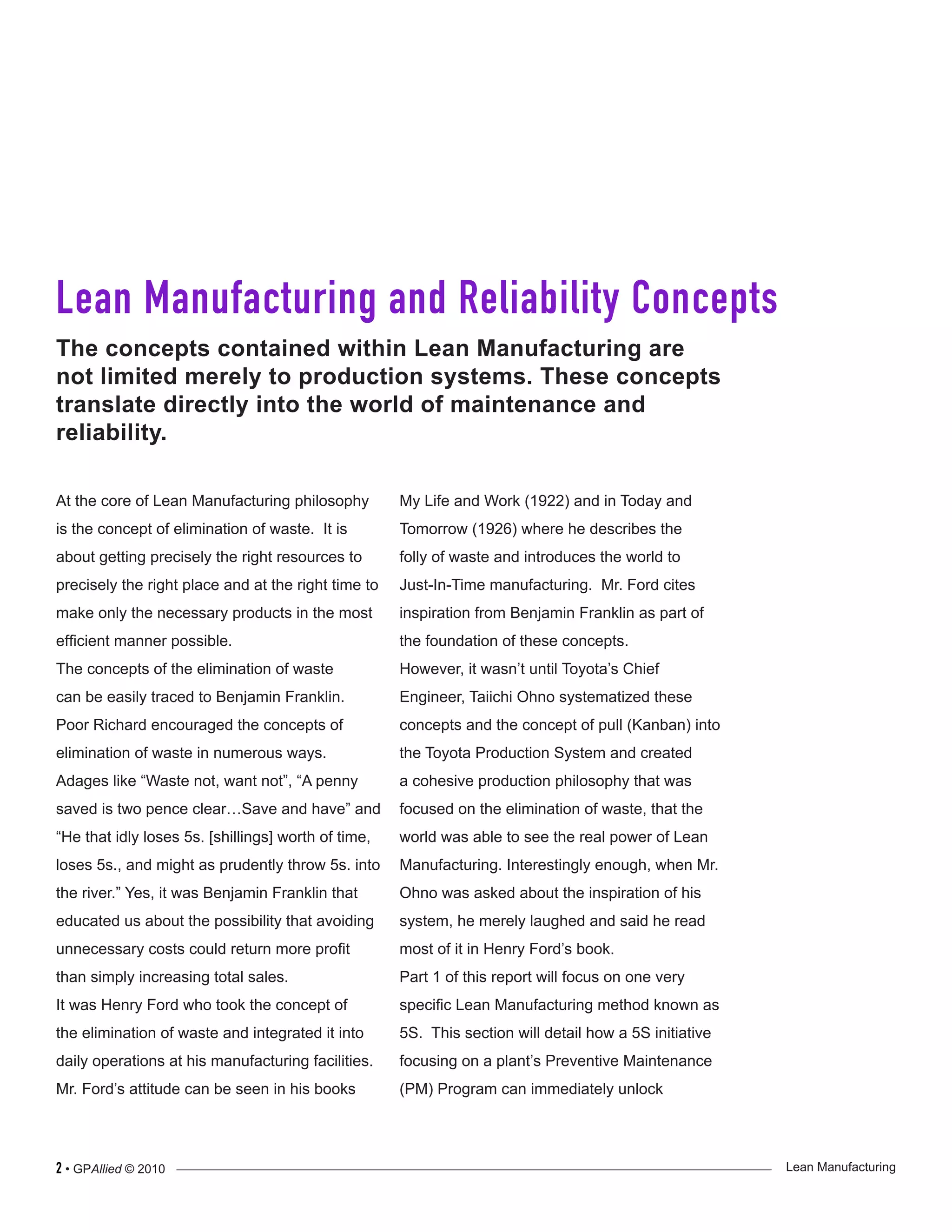 Lean Manufacturing and Reliability Concepts report | PDF