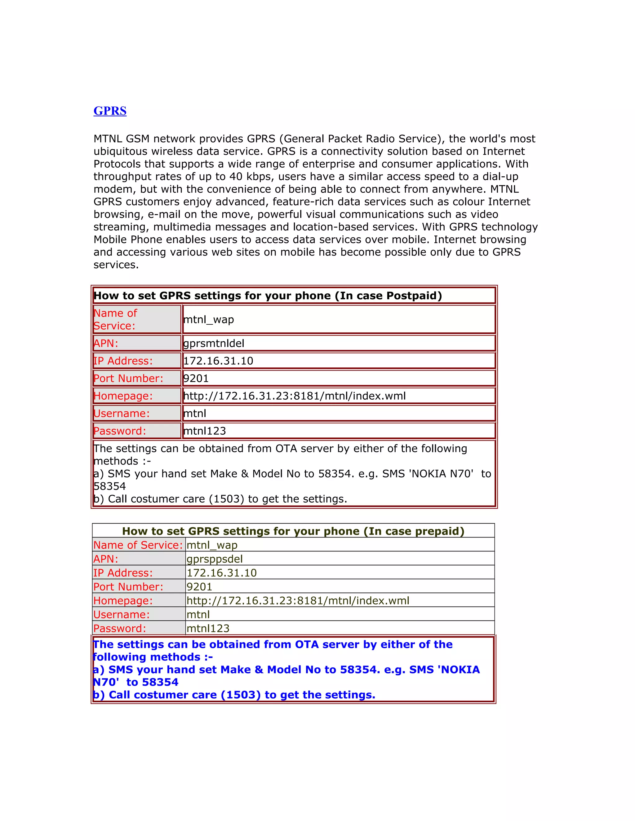 Gprs settings for mtnl | DOC