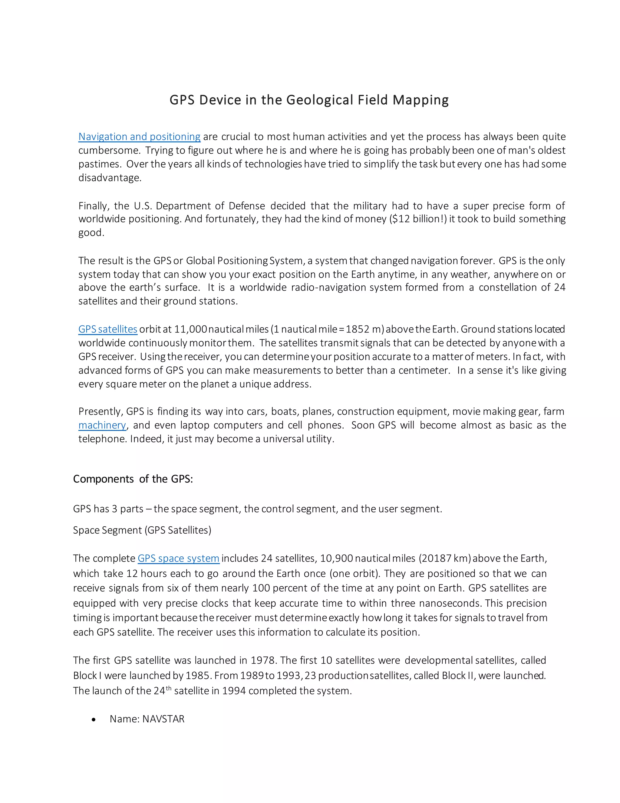 Gps device in the geological field mapping | DOCX