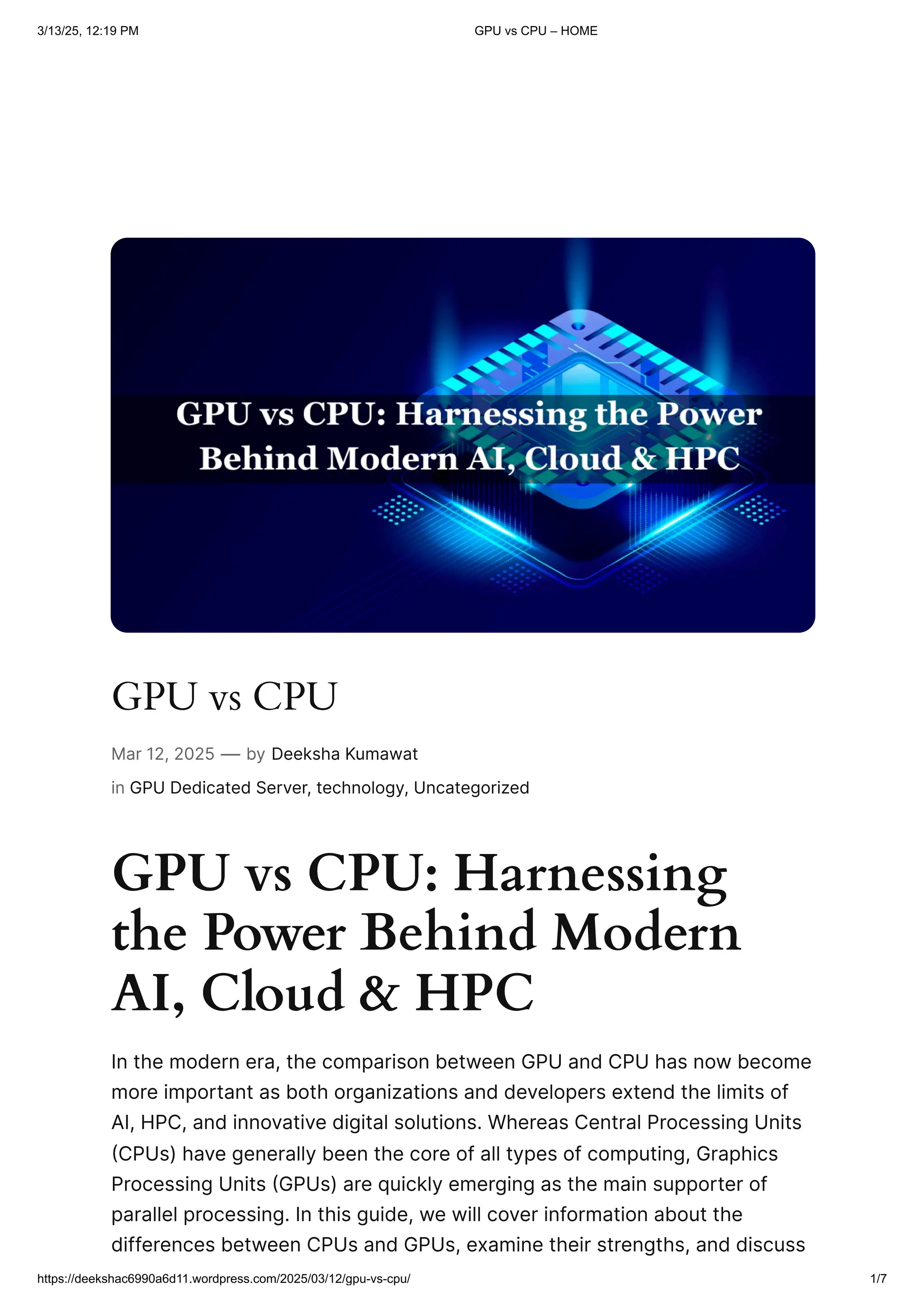 GPU vs CPU: Harnessing the Power Behind Modern AI, Cloud & HPC | PDF