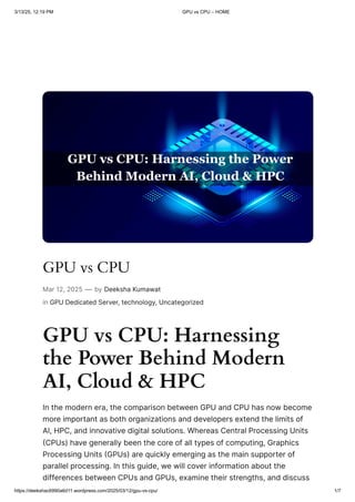 GPU vs CPU: Harnessing the Power Behind Modern AI, Cloud & HPC | PDF
