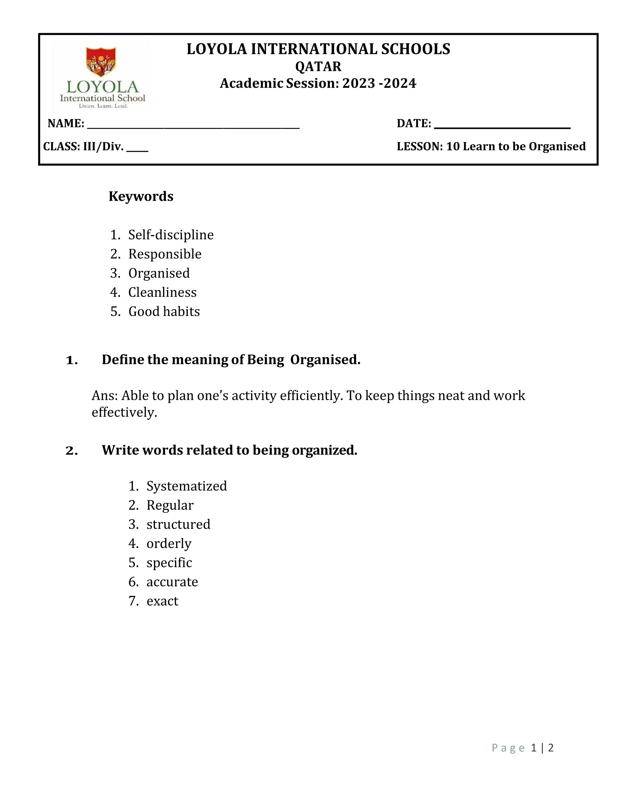 GRADE-3 _ Learn to be Organized lesson 10 | PDF