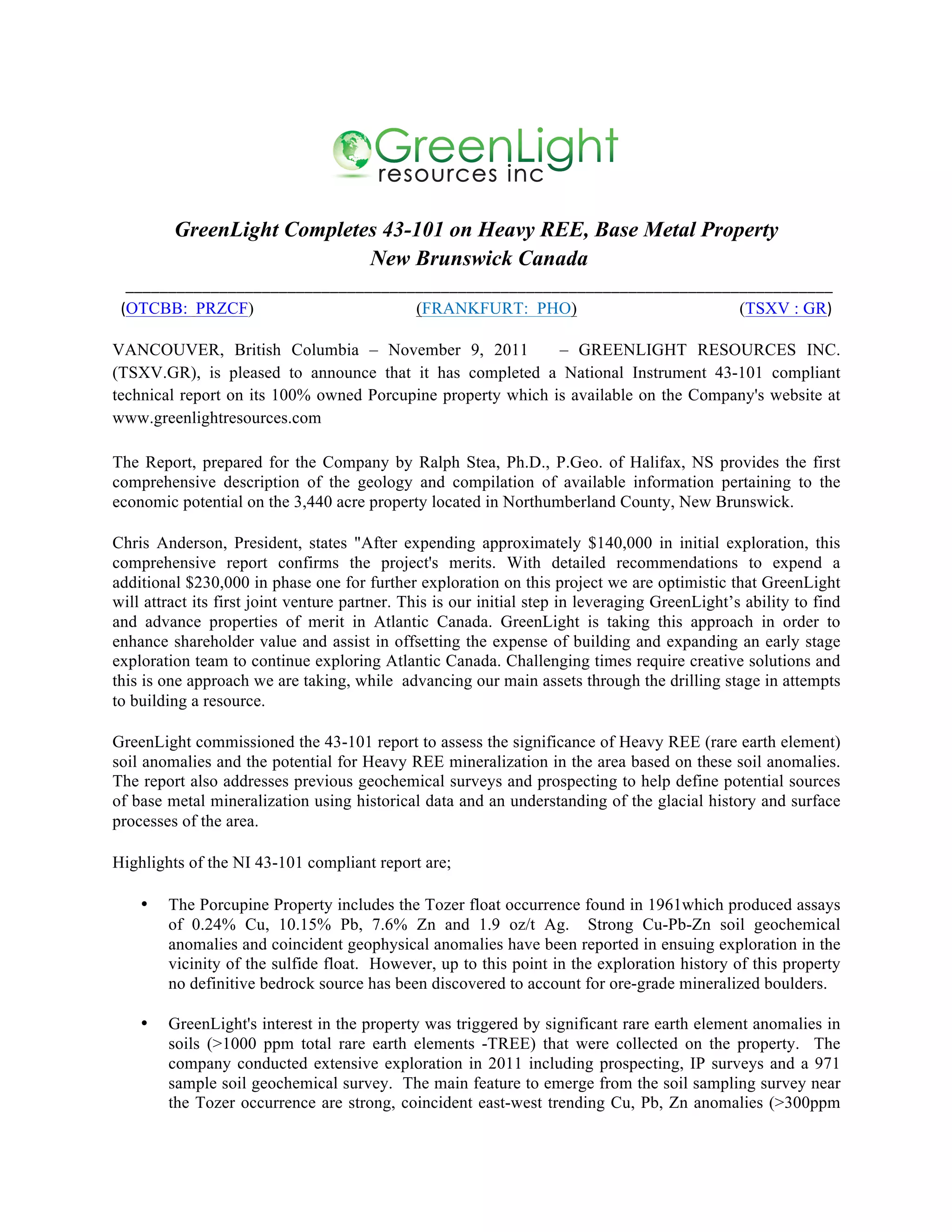 GreenLight Completes 43-101 on Heavy REE, Base Metal Property | PDF