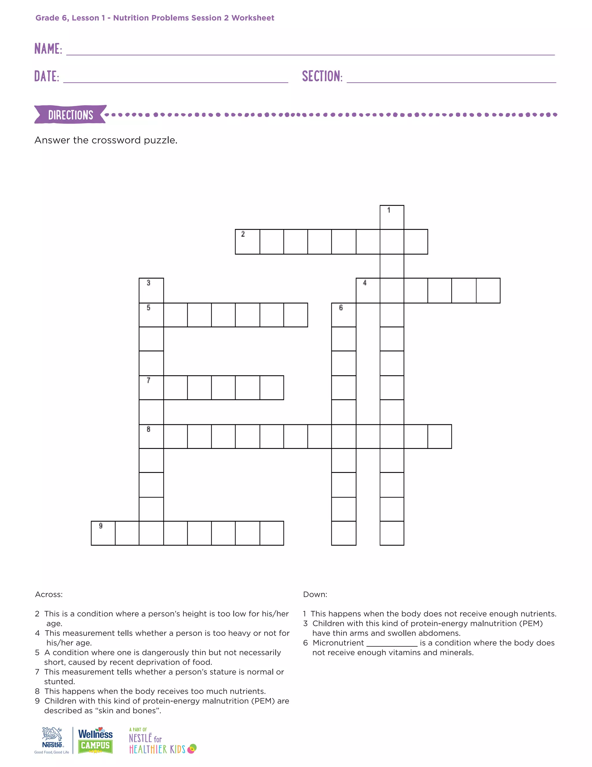 Gr06 l01 nutrition problems session 2 worksheet | PDF