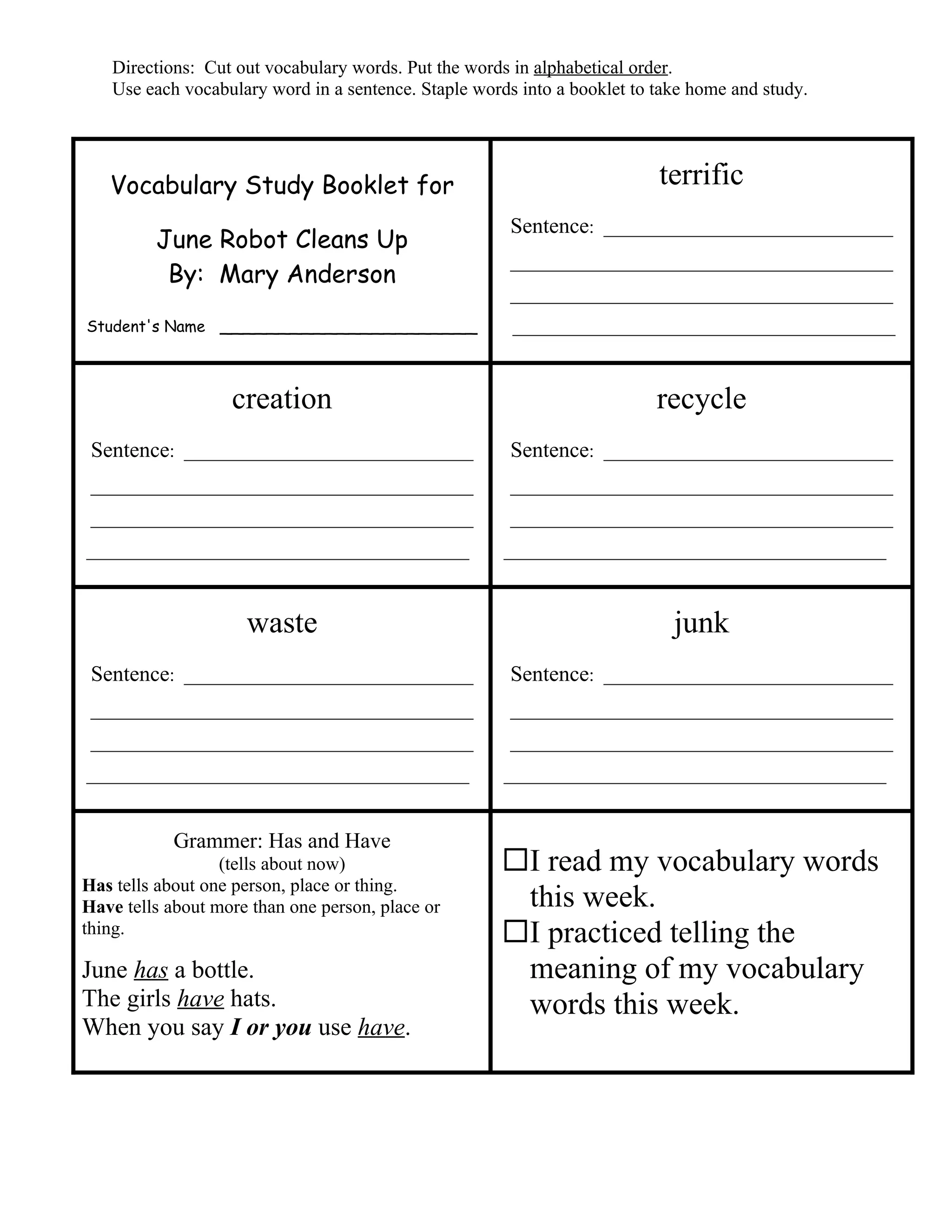 Gr1 unit4 vocabularystudybook-junerobotcleansup | DOC