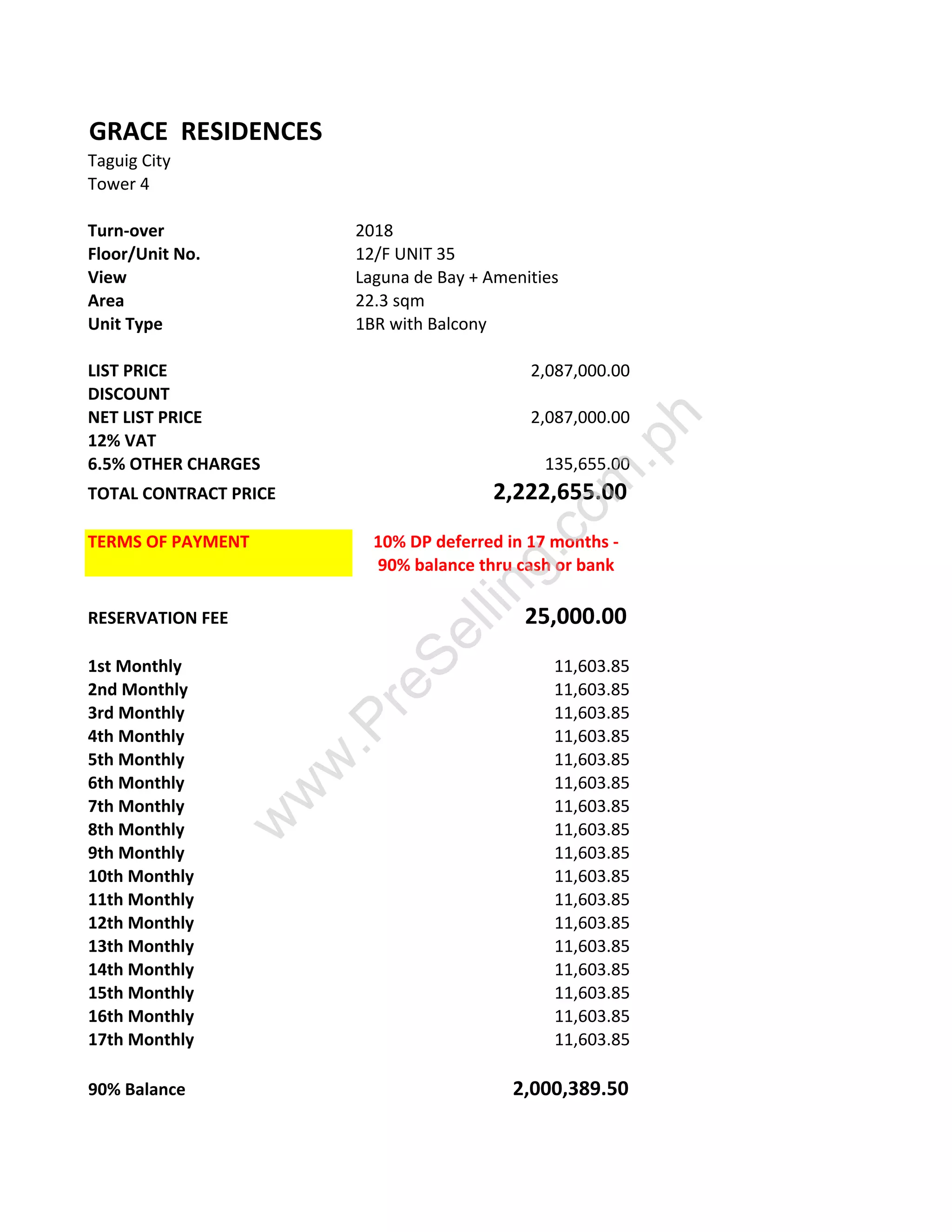 Grace Residences Sample Computation | PDF