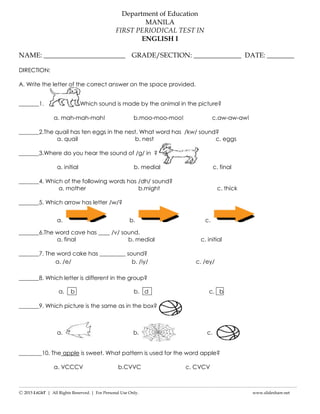 K TO 12 GRADE 1 UNANG MARKAHANG PAGSUSULIT | PDF