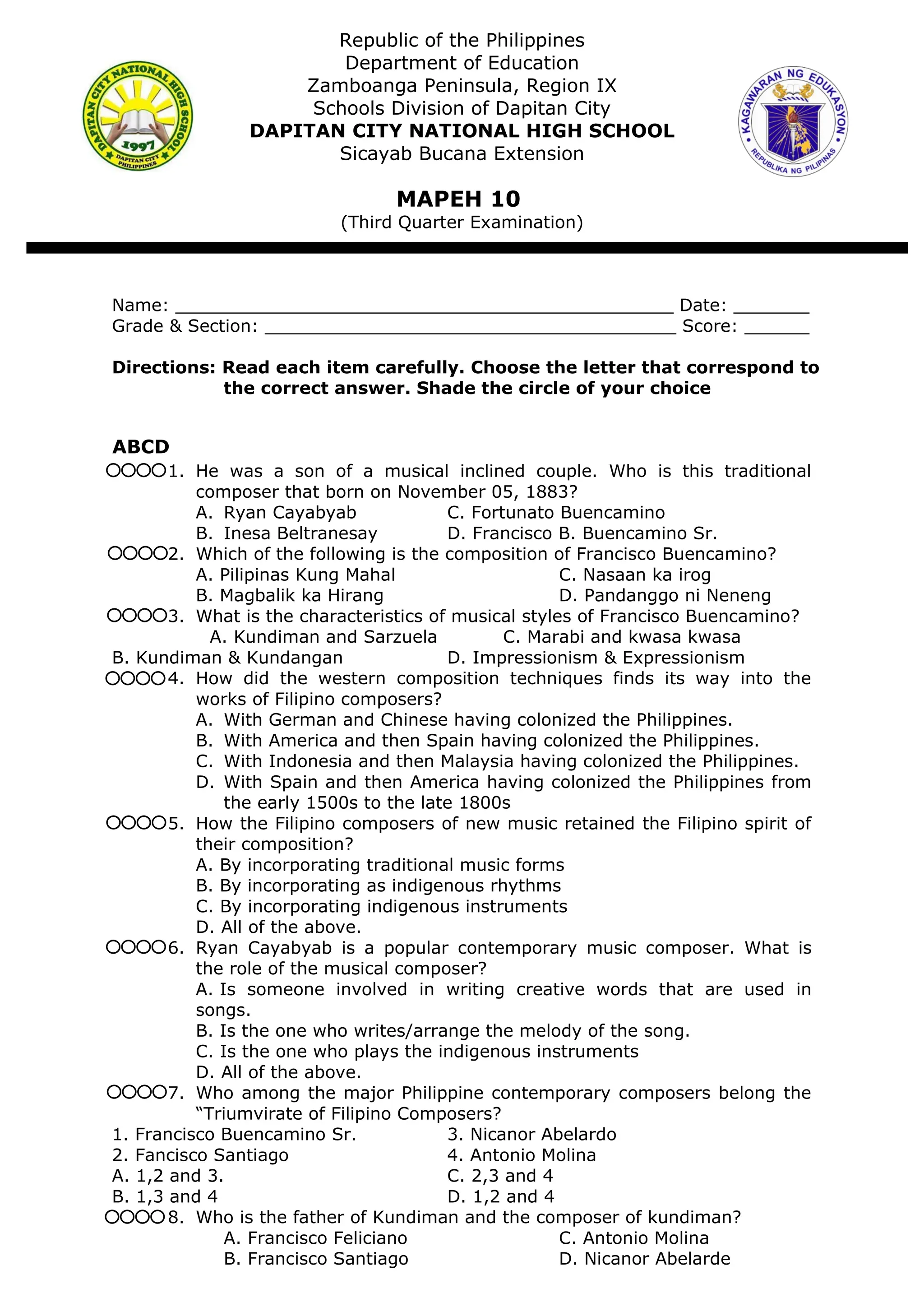 Grade 10 3rd quarter.docx music arts physical education and health | PDF