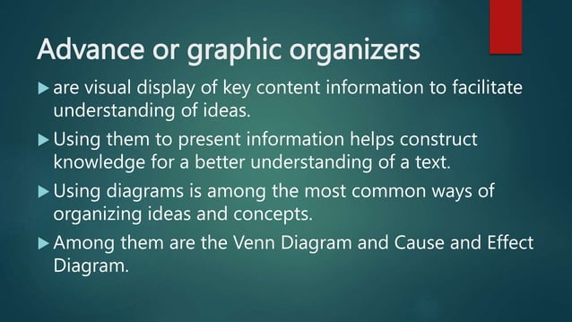 Different Advance Organizers (Venn Diagram and cause and effect diagram ...