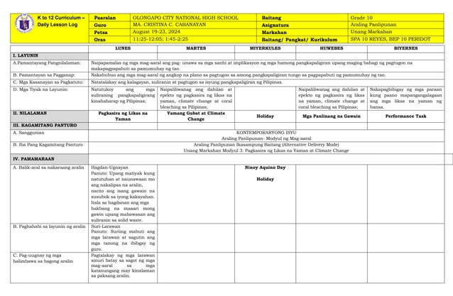 Daily Lesson Log in Araling Panlipunan 10 Q1 Wk4 | DOCX