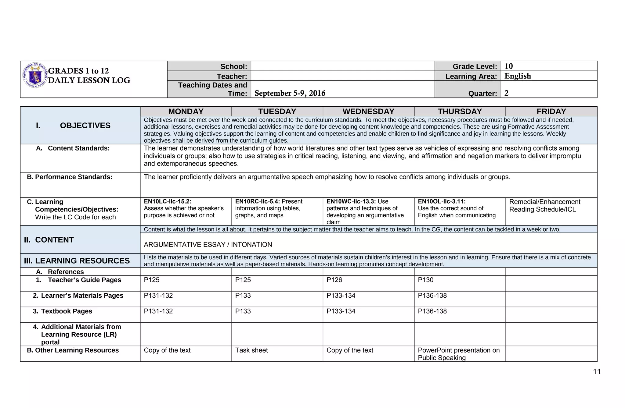 Grade 10 ENGLISH DLL Q2-Q4 | DOC