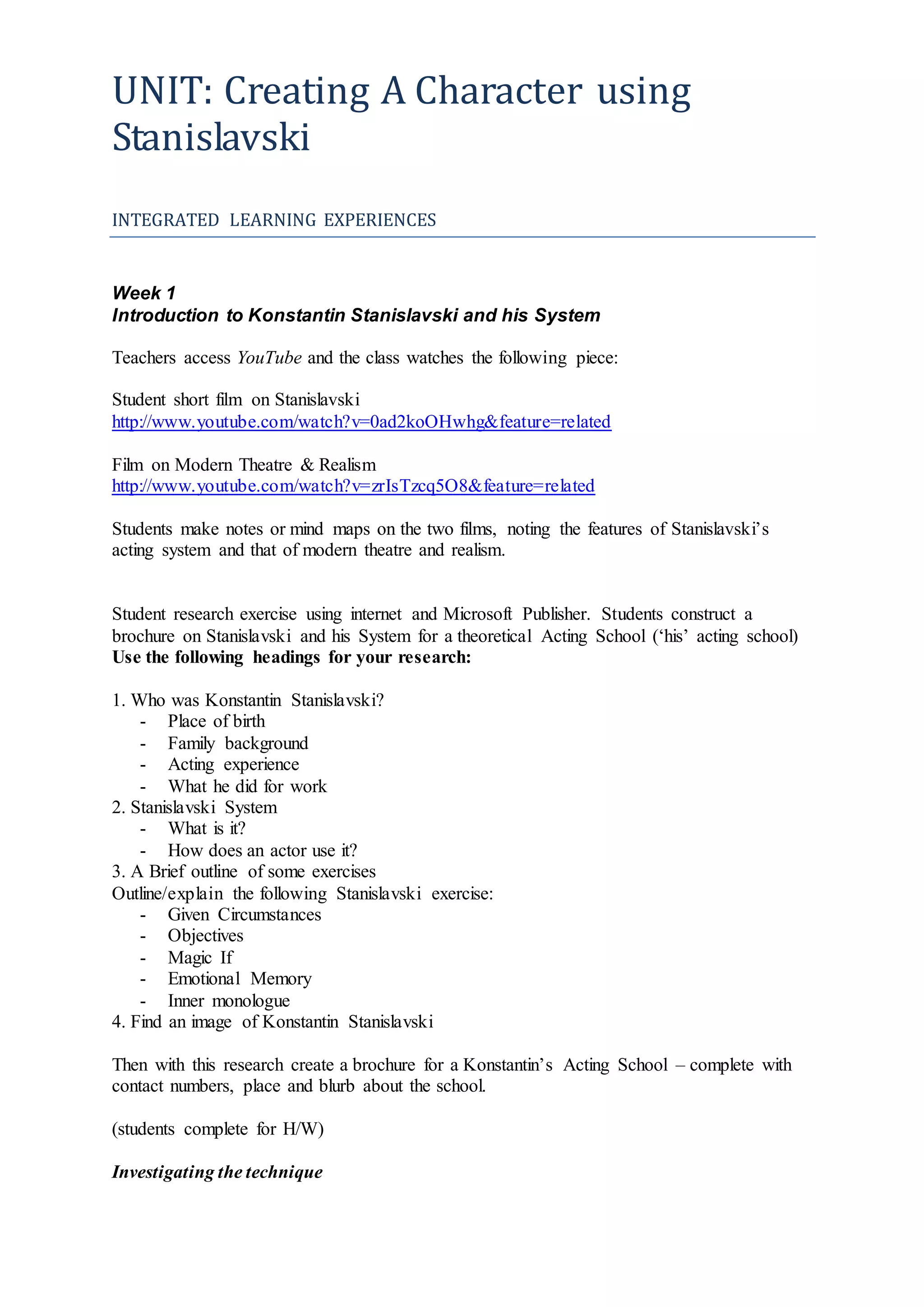 Grade 10lesson plan creating a character stanislavski | DOC