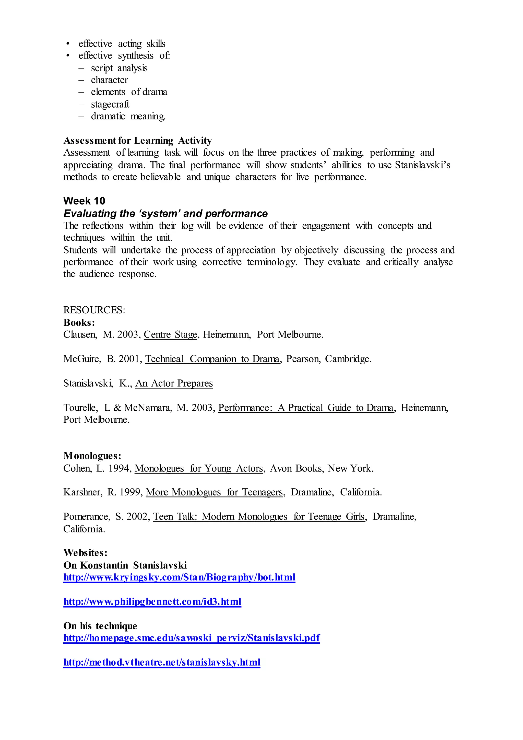 Grade 10lesson plan creating a character stanislavski | DOC