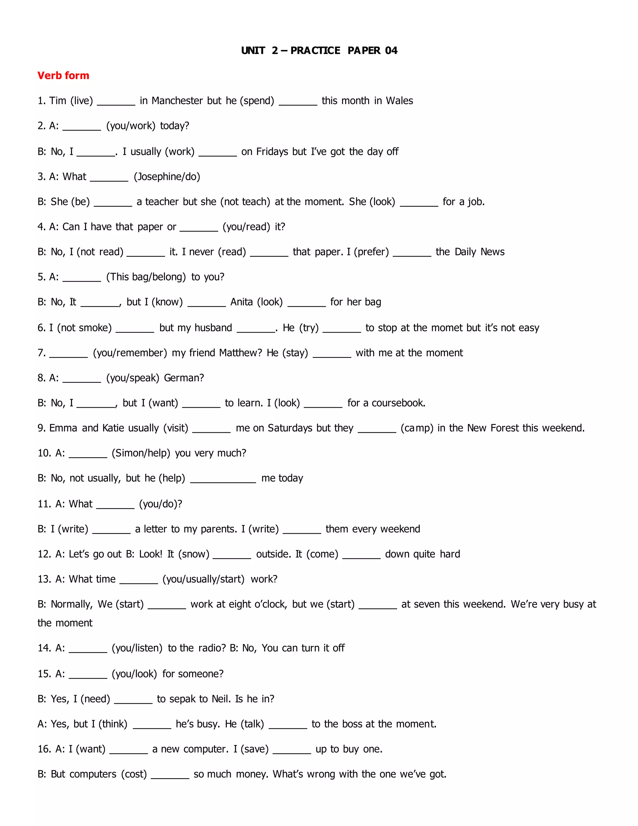 Grade 12 unit 2 - practice paper 4 | DOCX