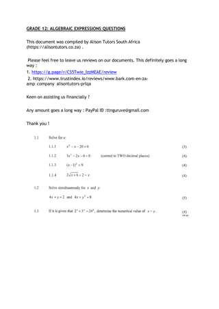 GRADE 12 ALGEBRAIC EXPRESSIONS QUESTIONS (AutoRecovered) (1).pdf