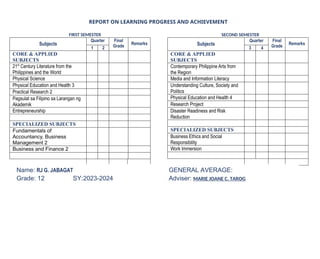 grade 12 card format document powerpoint | DOCX