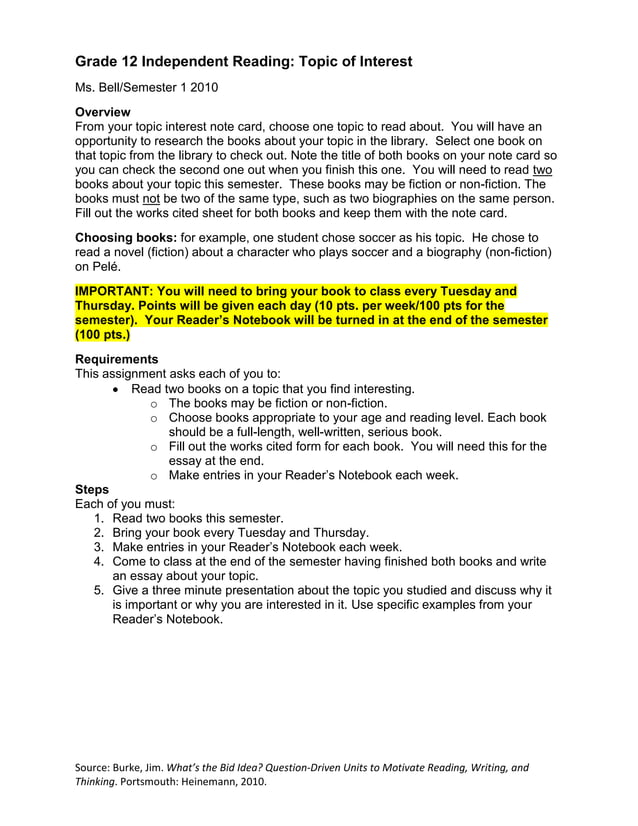 Grade 12 independent reading essay presentation assignment intructions ...