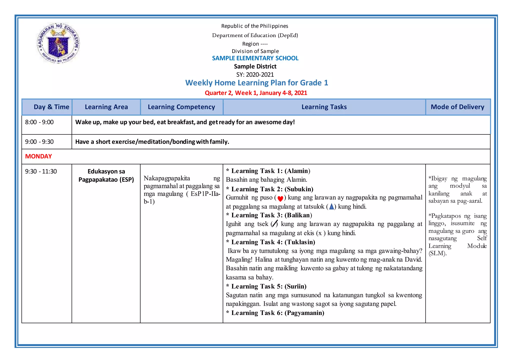 Grade 1 all subjects whlp_q2_w1 | DOCX